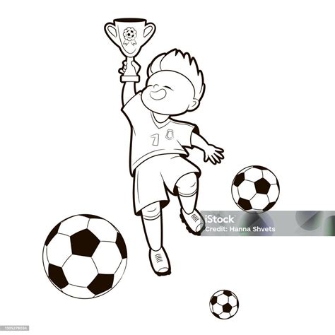 색칠 공부 축구 선수의 형태로 우승자 소년은 자신의 손에 챔피언 컵을 보유하고있다 만화 스타일의 벡터 일러스트레이션 흑백 선 아트 건강한 생활방식에 대한 스톡 벡터 아트 및