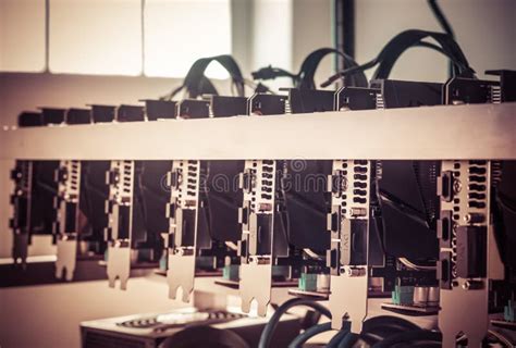 Cryptocurrency Background Mining Rig Close Up Of Array Of GPU Stock