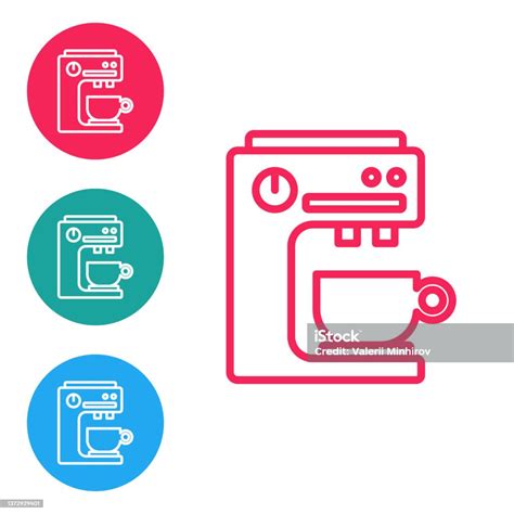 흰색 배경에 격리 된 레드 라인 커피 머신 아이콘 원 버튼에 아이콘을 설정합니다 벡터 가정 생활에 대한 스톡 벡터 아트 및 기타 이미지 가정 생활 가정 주방 가정의