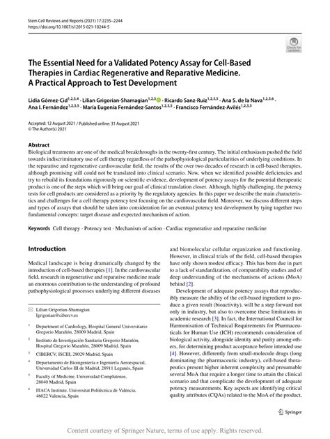 Pdf The Essential Need For A Validated Potency Assay For Cell Based Therapies In Cardiac