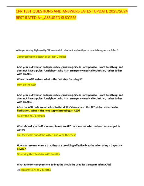 Cpr Test Questions And Answers Latest Update 2023 2024 Best Rated A Assured Success Exams