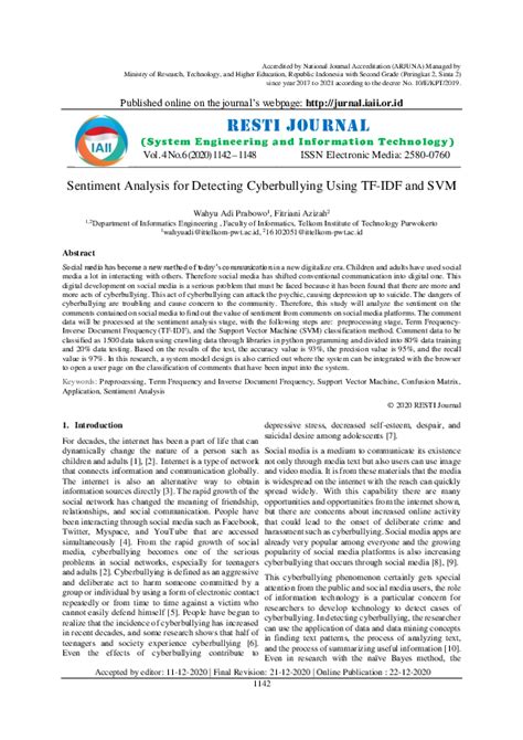 Pdf Sentiment Analysis For Detecting Cyberbullying Using Tf Idf And Svm