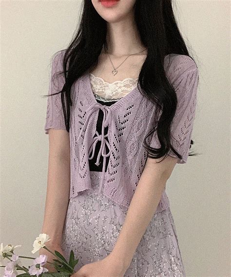 투게더위드미 리본 포인트 브이넥 크롭 레이어드 꽈배기 펀칭 반팔 여름 니트 시스루 얇은 가디건 바이올렛 아이보리 소라 휴양지룩 여름신상