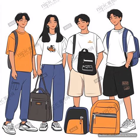 Ai创作图青年男女插画 人物学生插画 手提袋人物插画 双肩包插画 校园人物插画 穿搭插画 服装搭配插画人物 书包插画 本本文具书包插画 青春年少校园漫画人物 包装人物插画 挎书包的学生 潮牌