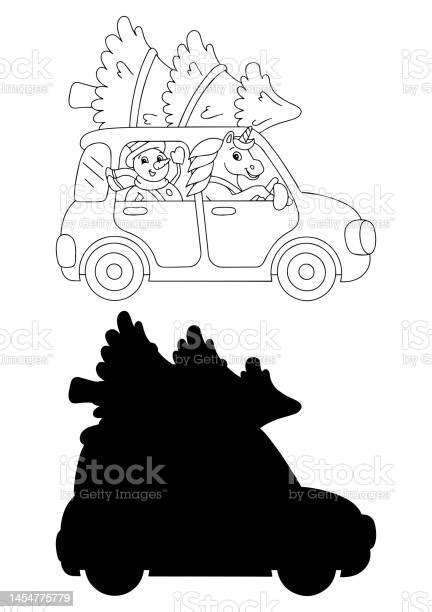 블랙 실루엣 눈사람과 유니콘이 차를 타고 크리스마스 트리를 운반합니다 디자인 요소 흰색 배경에 격리된 벡터 그림 책 스티커 포스터 카드 옷에 대 한 템플릿입니다 0명에 대한