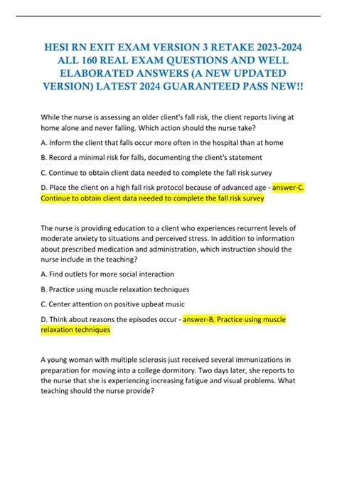 HESI RN EXIT EXAM VERSION RETAKE ALL REAL EXAM QUESTIONS AND WELL ELABORATED ANSWERS A