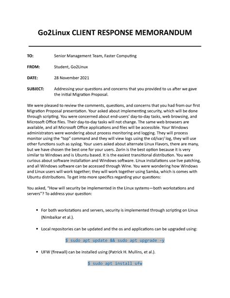 Project 2 Client Response Memorandum Go2linux Client Response