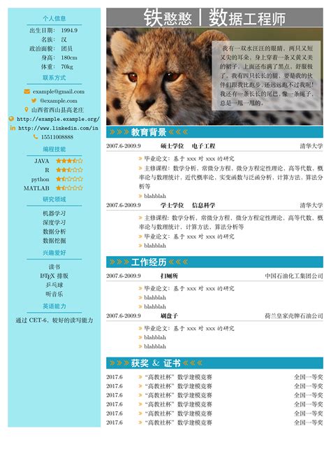 蓝色双栏中文简历 LaTeX 工作室
