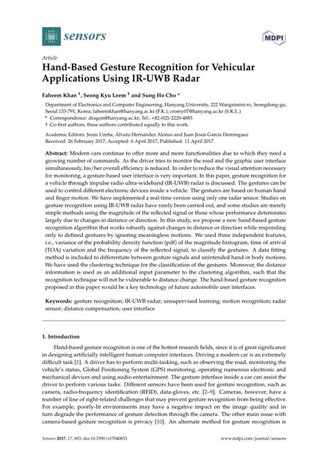 Pdf Hand Based Gesture Recognition For Vehicular Applications Using Ir Uwb Radar