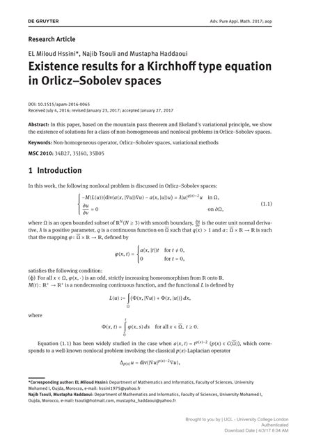 Pdf Existence Results For A Kirchhoff Type Equation In Orliczsobolev Spaces
