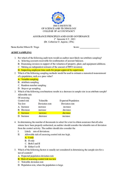 Audit Sampling Quiz Trugo Pdfcoffee Com