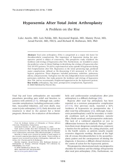 Pdf Hypoxemia After Total Joint Arthroplasty