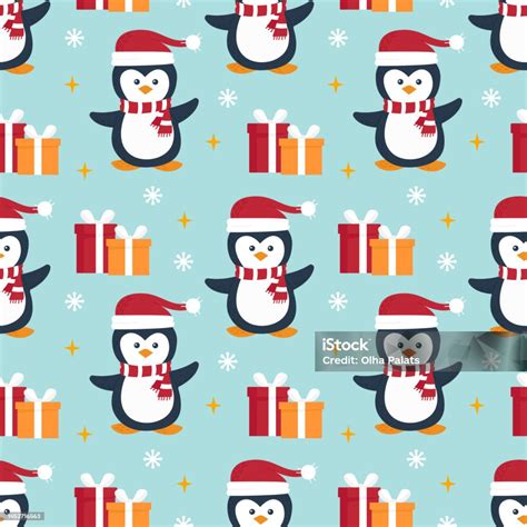 귀여운 펭귄과 선물 상자 크리스마스 패턴입니다 원활한 패턴입니다 웹 페이지 배경 채우기 표면 질감에 사용할 수 있습니다 12월에