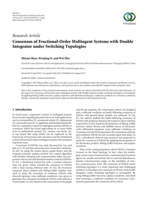 Pdf Consensus Of Fractional Order Multiagent Systems With Double Integrator Under Switching