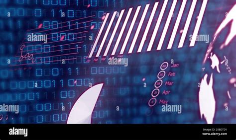 Image Of Pink Graphs Charts And Globe Over Binary Data Processing On