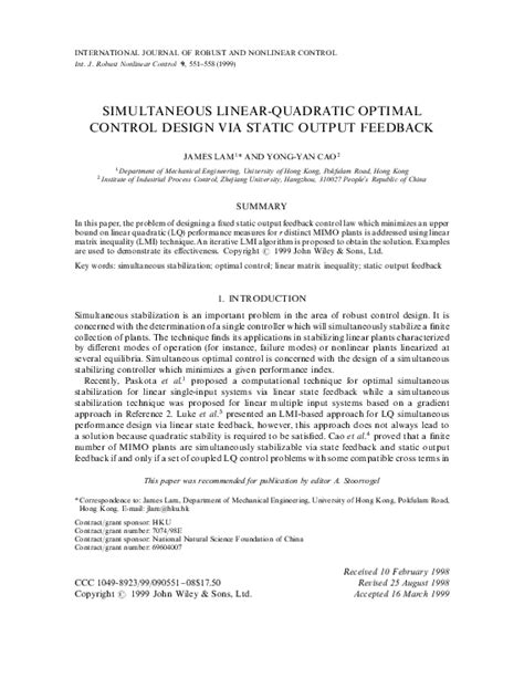Pdf Simultaneous Linear‐quadratic Optimal Control Design Via Static Output Feedback