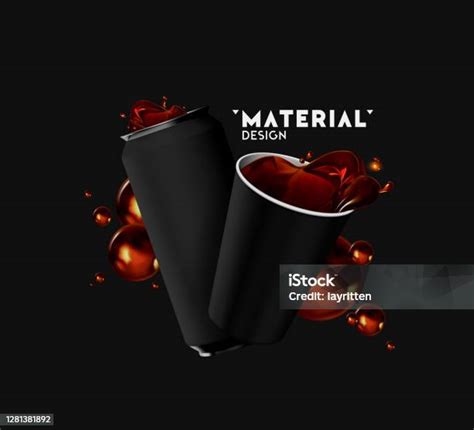 실감 있는 철칸과 종이컵에 음료차 커피 스프레이 스플래시 액동 콜라 당신의 디자인을 위해 모의 검은 색 배경에 3d 격리 된 개체 템플릿 배너 포스터 벡터 일러스트레이션