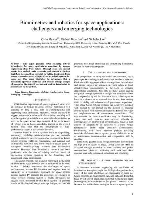Pdf Biomimetics And Robotics For Space Applications Challenges And Emerging Technologies
