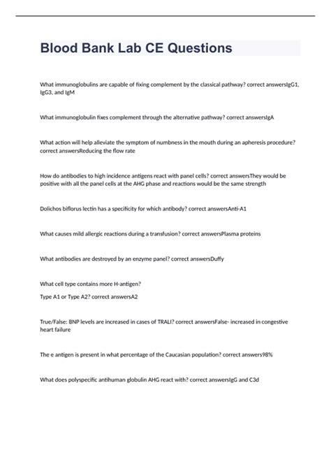 Blood Bank Lab CE Questions Answers Correct Blood Bank Lab CE Qu Stuvia US