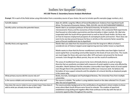 Activity Secondary Source Analysis Worksheet HIS Theme Secondary Source Analysis