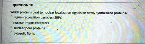 Question 18 Which Proteins Bind To Nuclear Localization Signals On Newly Synthesized Protelns