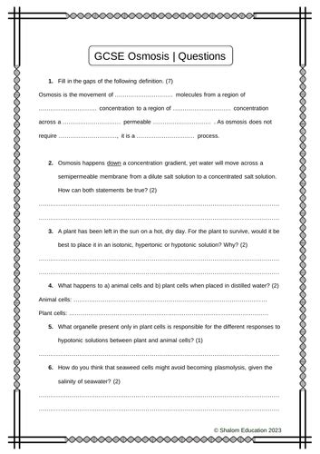 Gcse Biology Osmosis Practice Questions Teaching Resources