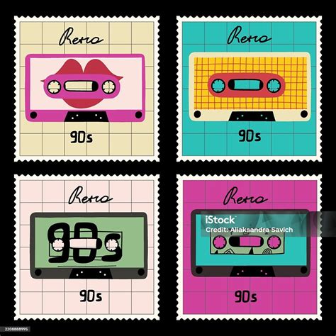 복고풍 90 년대 우표 세트에는 다양한 패턴과 디자인의 다채로운 오디오 카세트 테이프가 있습니다 향수를 불러 일으키는 벡터 일러스트 레이 션 1990 1999 년에 대한
