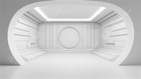 흰색 원 디스플레이와 제품 쇼케이스를 위한 깨끗한 라인이 있는 밝은 개방형 스튜디오 공간을 렌더링하는 세련된 미니멀리스트 3d 인테리어 3d 바닥 3d 스튜디오 쇼룸