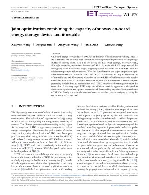 Pdf Joint Optimization Combining The Capacity Of Subway On‐board Energy Storage Device And