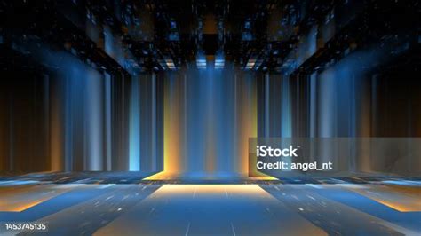 빛나는 연단 벽 반사 네온 유리 기하학적 흐린 모양 미래주의 밝은 색상 줄무늬 미용 제품 쇼케이스 3d 렌더링 3차원 형태에 대한 스톡 사진 및 기타 이미지 Istock