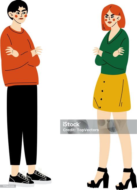 젊은 남자와 여자 보고 서로 교차 하는 그들의 팔 갈등 사이 남편과 아내 부정적인 감정 벡터 그림 남자 친구에 대한 스톡 벡터 아트 및 기타 이미지 Istock
