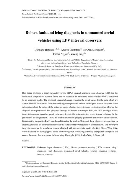 Pdf Robust Fault And Icing Diagnosis In Unmanned Aerial Vehicles Using Lpv Interval Observers