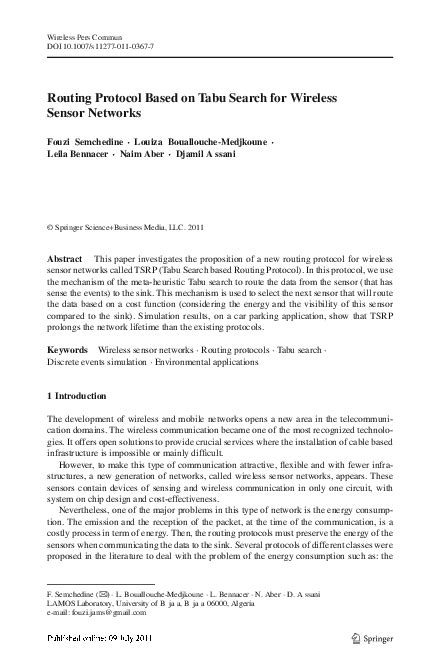 pdf routing protocol based on tabu search for wireless sensor networks