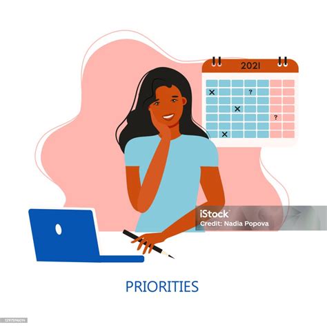 업무의 우선 순위 의제 행복한 여성은 일을 계획하고 작업 우선 순위를 설정합니다 작업 완료 계획 시간 관리의 개념 트렌디 한