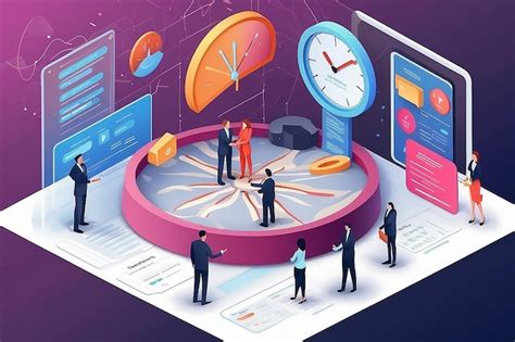 Business People At Huge Pie Chart Under Clock Time Management Work Organization Job Schedule