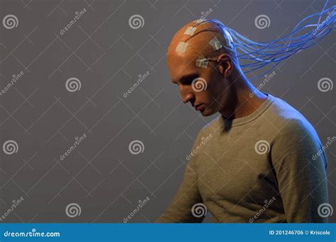 Man With Electrodes In His Head Is A Futuristic Concept Of Virtual Reality And Mind Control
