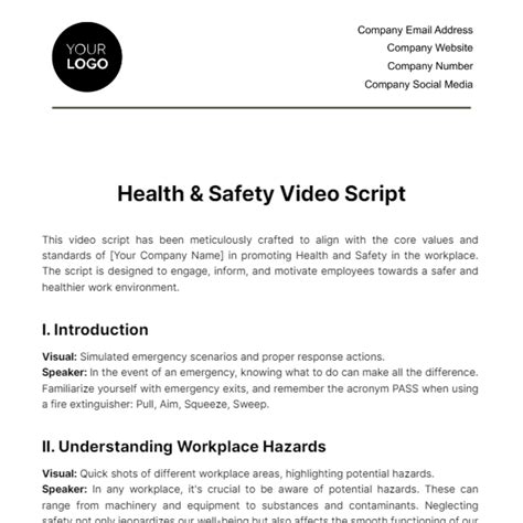 Health And Safety Video Script Template Edit Online And Download Example