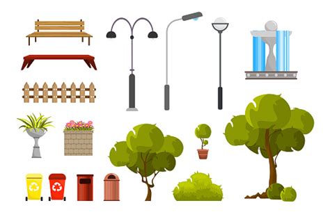 만화 스타일의 측면 보기가 있는 아름다운 공원 장비 세트입니다 나무 덤불 화분 벤치 분수 등불 쓰레기통 화단 울타리와 함께 생성자의 벡터 그림입니다 0명에 대한 스톡 벡터