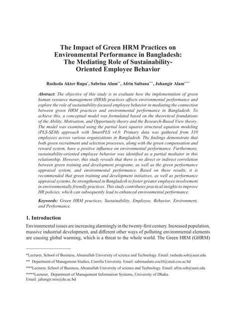 Pdf The Impact Of Green Hrm Practices On Environmental Performance In Bangladesh The