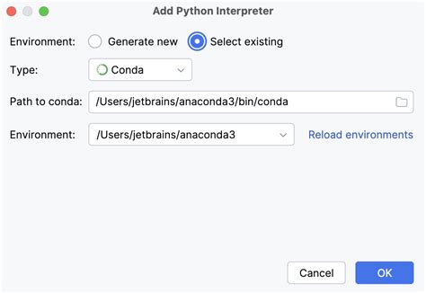select existing conda environment