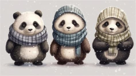 Premium Photo Three Pandas In A Row Wearing Hats And Scarves