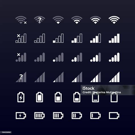 검은 색으로 설정된 모바일 가젯 바 아이콘입니다 Wifi 레벨 4g 및 5g 네트워크 신호 강도 배터리 충전 표시기 통신 웹 응용 프로그램 Ui 인터페이스 인포 그래픽에