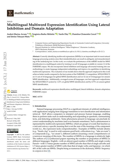 Pdf Multilingual Multiword Expression Identification Using Lateral Inhibition And Domain