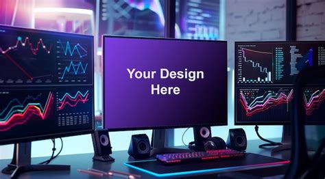 Premium Psd Modern Dark Themed Desktop With Dynamic Data Visualization Mockup Psd