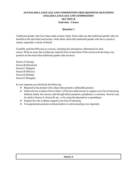 Gender Synthesis AP ENGLISH LANGUAGE AND COMPOSITION FREE RESPONSE QUESTIONS ENGLISH LANGUAGE