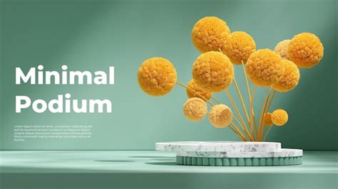 Желтая мимоза и зеленая стена 3d изображение делают пустой макет подиум из белого мрамора в