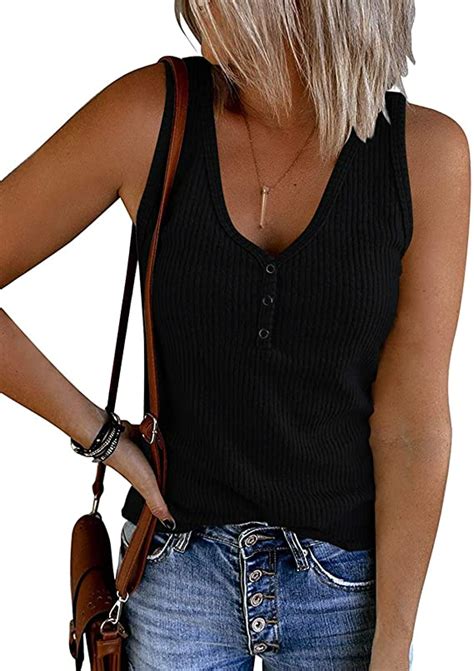 Merokeety Summer Tank Tops For Women Button V Neck Sleeveless Ribbed