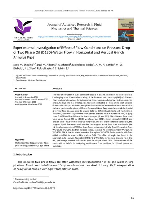 Pdf Experimental Investigation Of Effect Of Flow Conditions On Pressure Drop Of Two Phase Oil