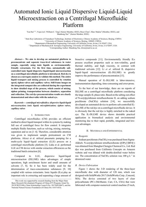 Pdf Automated Ionic Liquid Dispersive Liquid Liquid Microextraction On A Centrifugal
