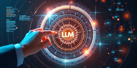 Hand Touching Glowing Llm Icon And Business Analytics Interface Stock Illustration